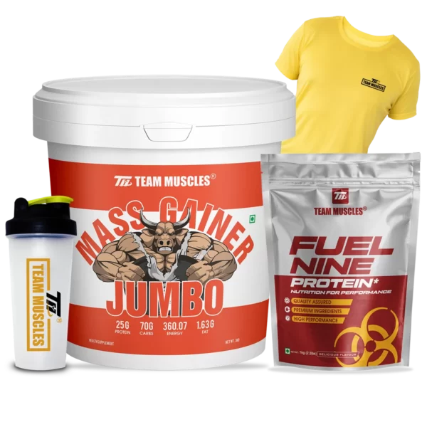 Jumbo Mass Gainer 3kg + Fuel Nine Protein 1kg + T-Shirt + Shaker - Team ...